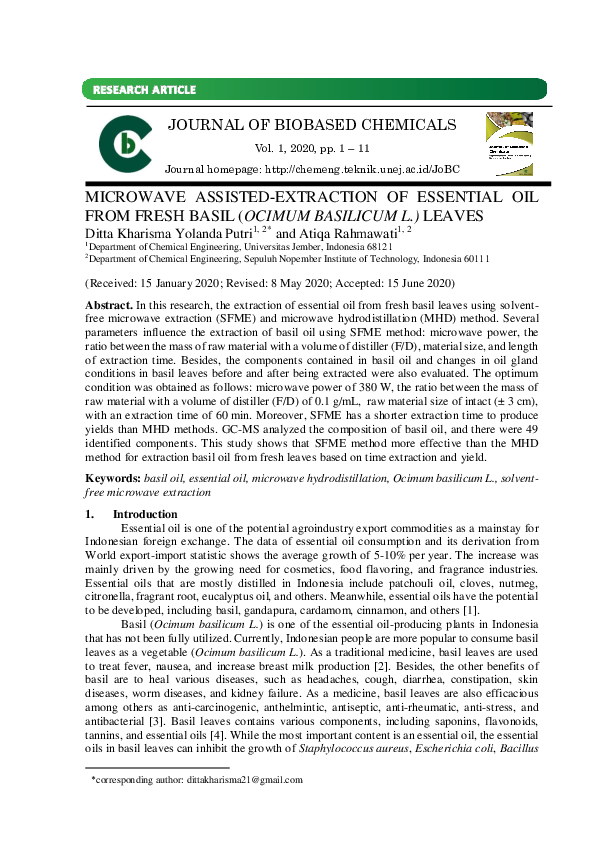 (PDF) Microwave Assisted-Extraction of Essential Oil from Fresh Basil (Ocimum Basilicum L.) Leaves