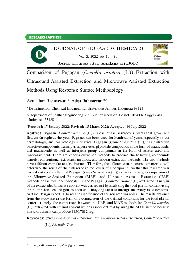 (PDF) Comparison of Pegagan (Centella asiatica (L.)) Extraction with Ultrasound-Assisted ...