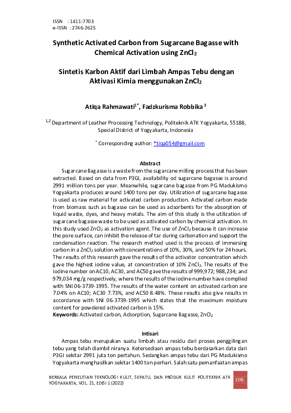 (PDF) Sintetis Karbon Aktif dari Limbah Ampas Tebu dengan Aktivasi Kimia menggunakan ZnCl2