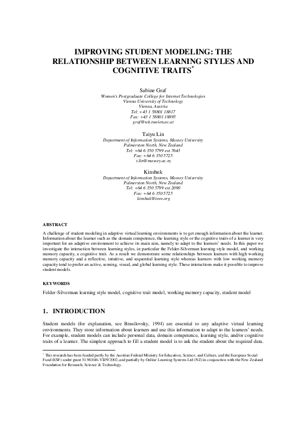 (PDF) Improving student modeling: The relationship between learning styles and cognitive traits