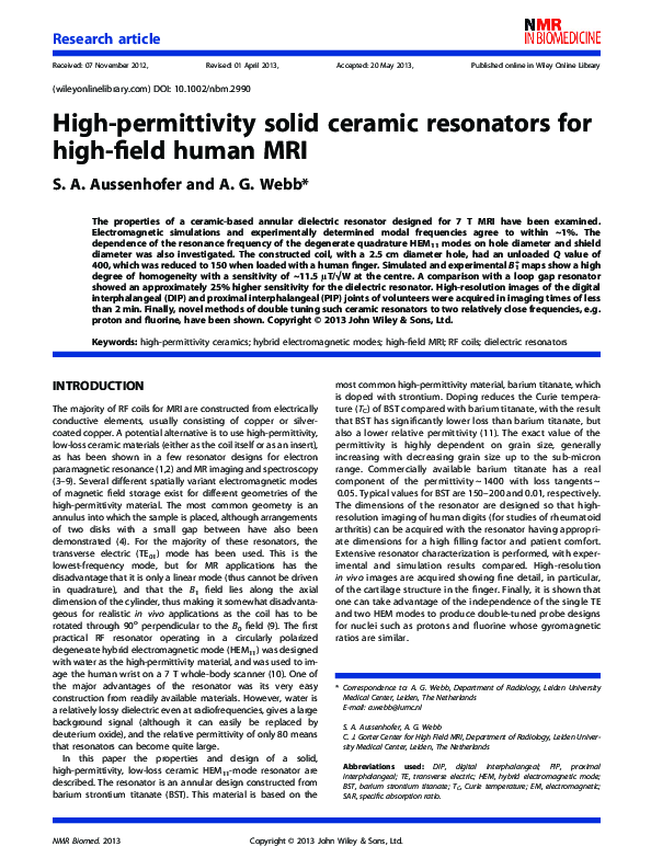 (PDF) High-permittivity solid ceramic resonators for high-field human MRI