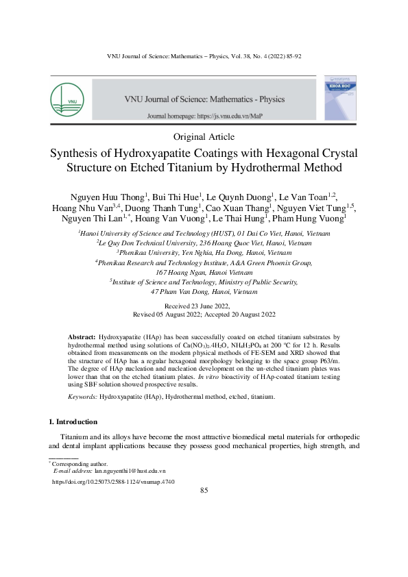 (PDF) Synthesis of Hydroxyapatite Coatings with Hexagonal Crystal Structure on Etched Titanium ...