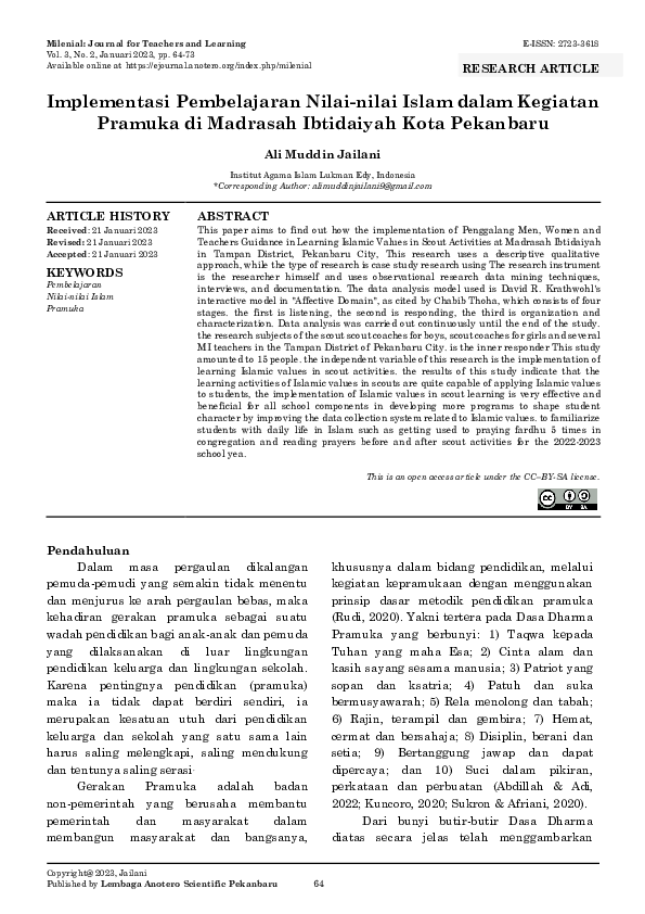 (PDF) Implementasi Pembelajaran Nilai-nilai Islam Dalam Kegiatan Pramuka di Madrasah Ibtidaiyah ...