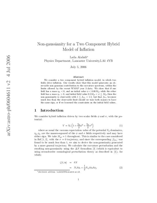 (PDF) Non-Gaussianity for a two component hybrid model of inflation