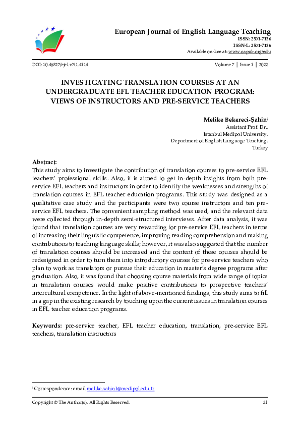 (PDF) Investigating Translation Courses at an Undergraduate Efl Teacher Education Program: Views ...