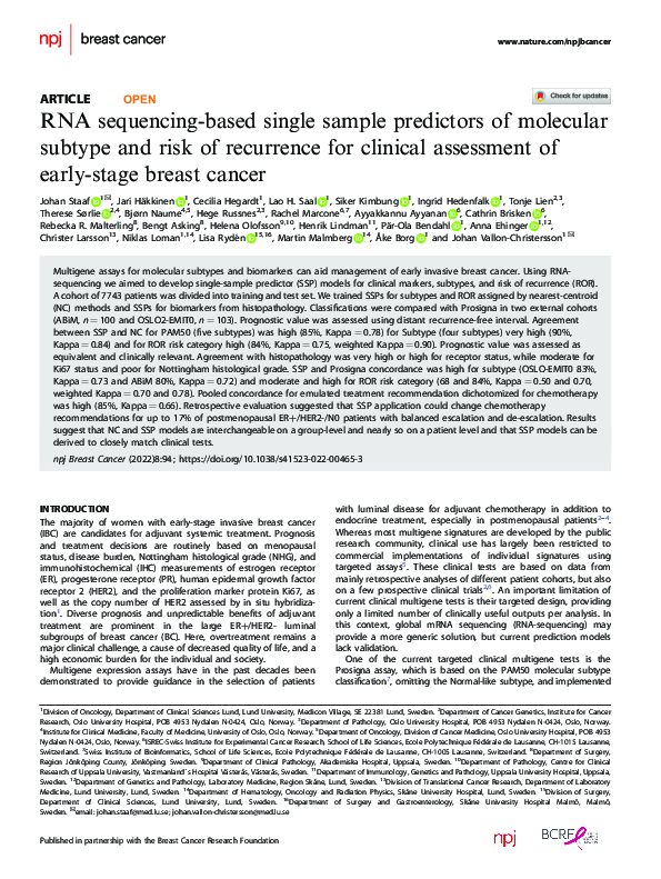 (PDF) RNA Sequencing-Based Single Sample Predictors of Molecular Subtype and Risk of Recurrence ...