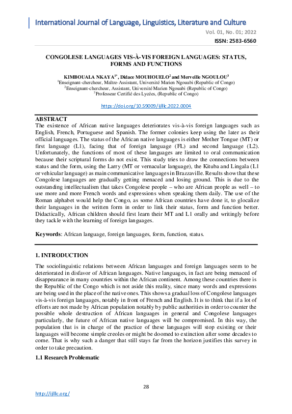 (PDF) Congolese Languages Vis-À-Vis Foreign Languages: Status, Forms and Functions