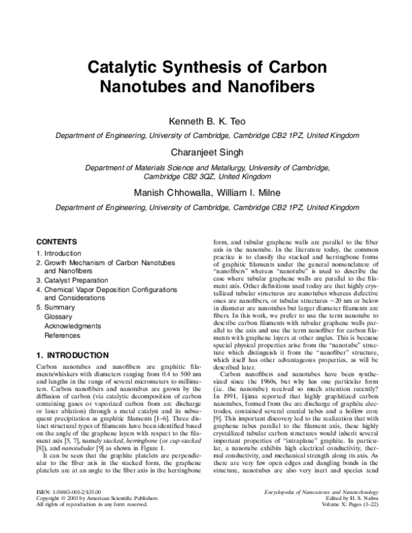 (PDF) Catalytic Synthesis of Carbon Nanotubes and Nanofibers