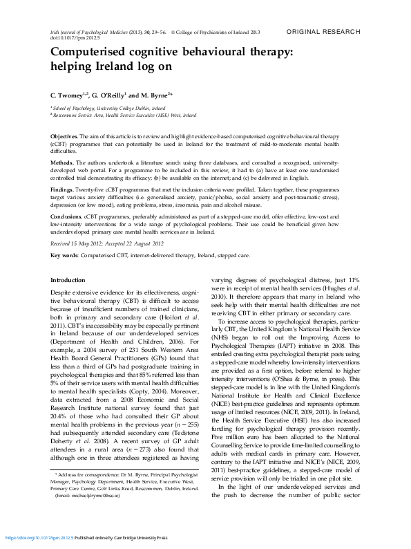 (PDF) Computerised cognitive behavioural therapy: helping Ireland log on