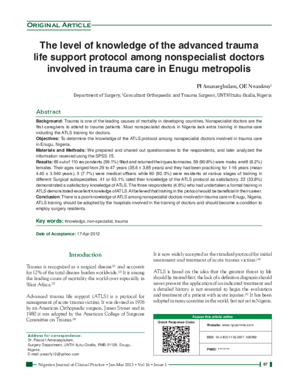 The level of knowledge of the advanced trauma life support protocol ...