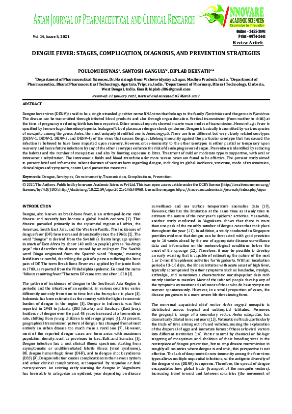 (PDF) DENGUE FEVER: STAGES, COMPLICATION, DIAGNOSIS, AND PREVENTION ...