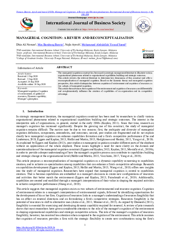 (PDF) MANAGERIAL COGNITION: A REVIEW AND RECONCEPTUALISATION