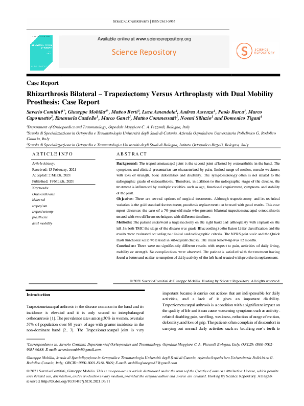 (PDF) Rhizarthrosis Bilateral – Trapeziectomy Versus Arthroplasty with ...