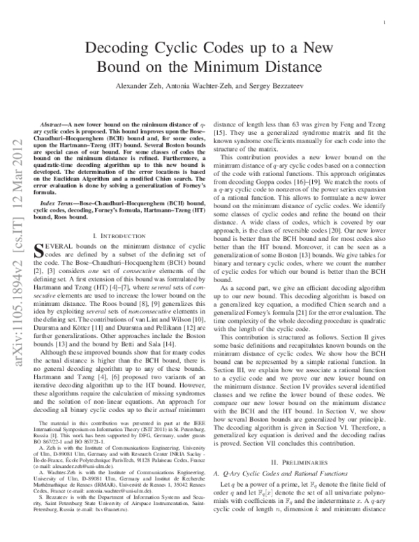 (PDF) Decoding Cyclic Codes up to a New Bound on the Minimum Distance