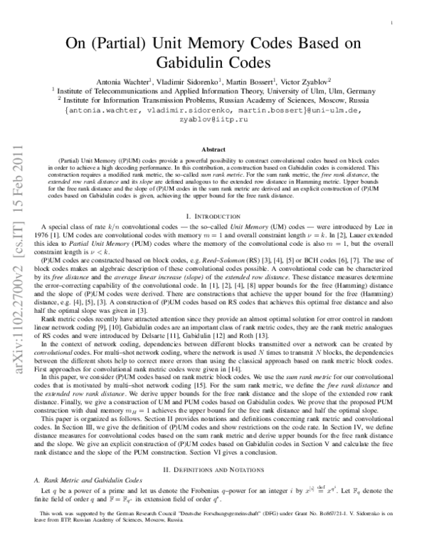 (PDF) 1 On (Partial) Unit Memory Codes Based on Gabidulin Codes