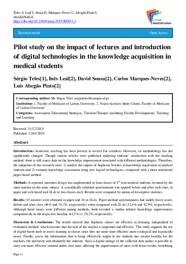 (PDF) Pilot study on the impact of lectures and introduction of digital technologies in the ...