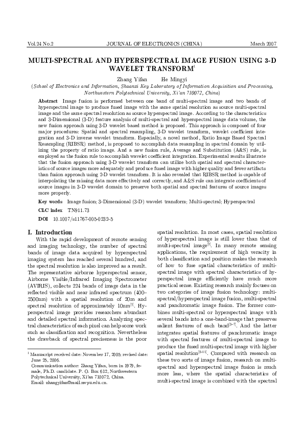 (PDF) Multi-spectral and hyperspectral image fusion using 3-D wavelet transform
