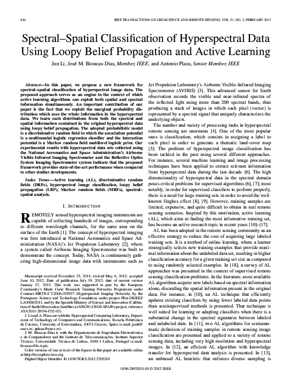Pdf Spectral Spatial Classification Of Hyperspectral Data Using Loopy