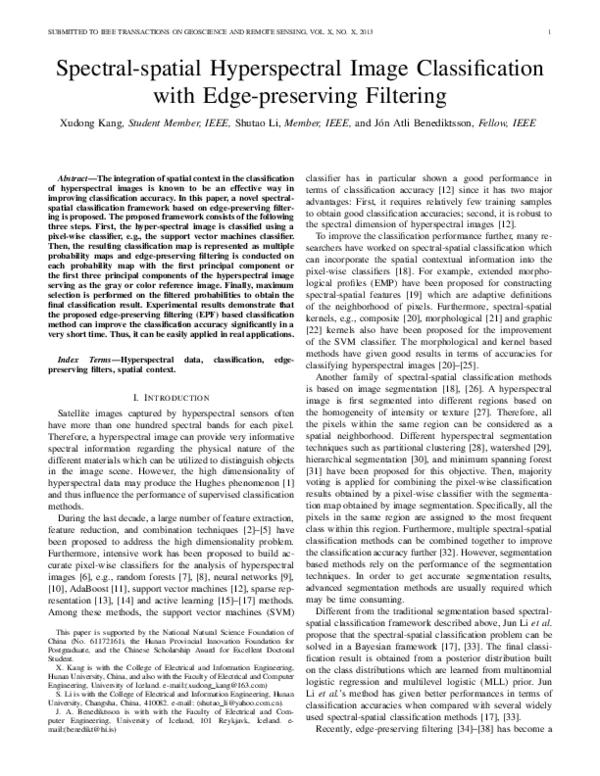 Pdf Spectral Spatial Hyperspectral Image Classification With Edge Preserving Filtering