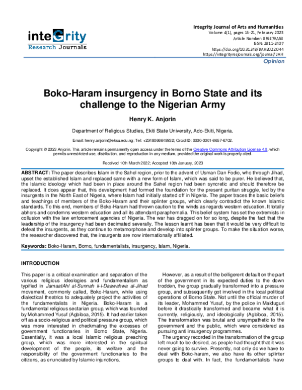 (PDF) Boko-Haram insurgency in Borno State and its challenge to the Nigerian Army