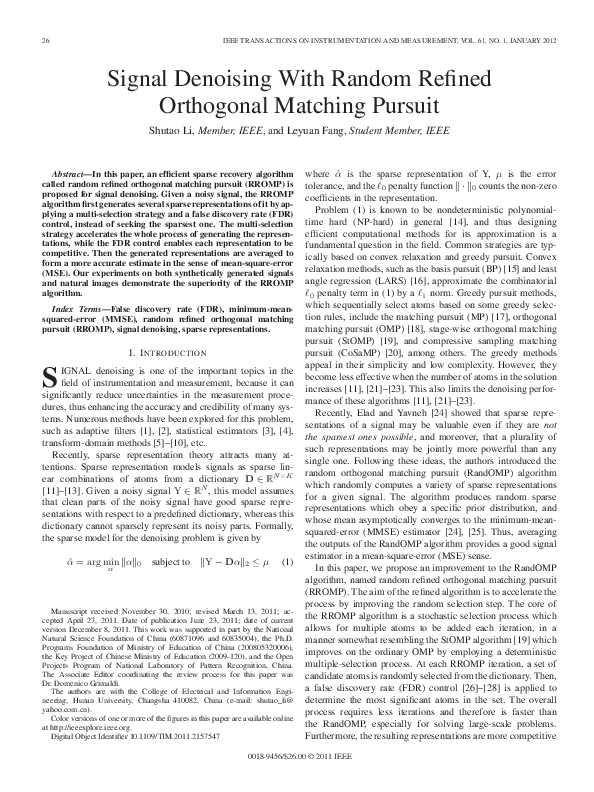 Pdf Signal Denoising With Random Refined Orthogonal Matching Pursuit