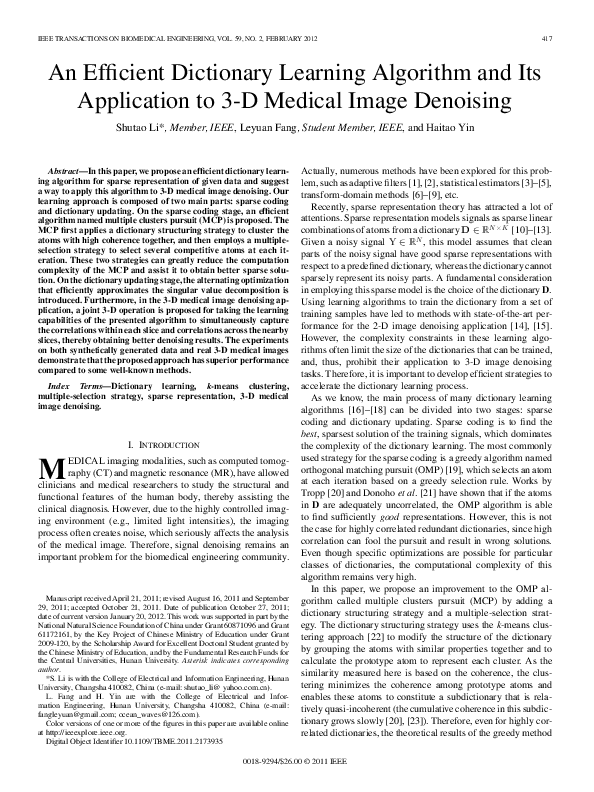 Pdf An Efficient Dictionary Learning Algorithm And Its Application To 3 D Medical Image Denoising 