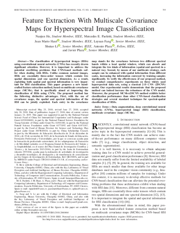 Pdf Feature Extraction With Multiscale Covariance Maps For Hyperspectral Image Classification