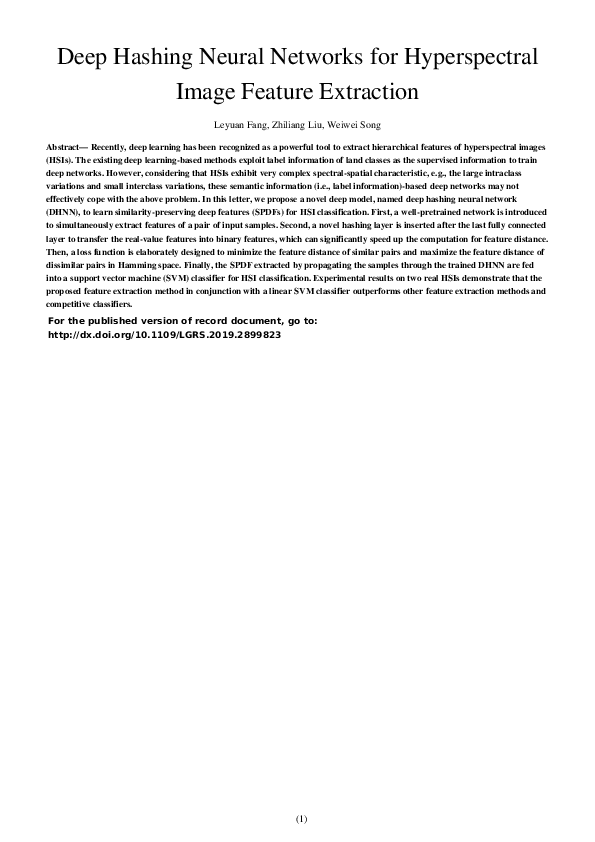 (PDF) Deep Hashing Neural Networks for Hyperspectral Image Feature Extraction