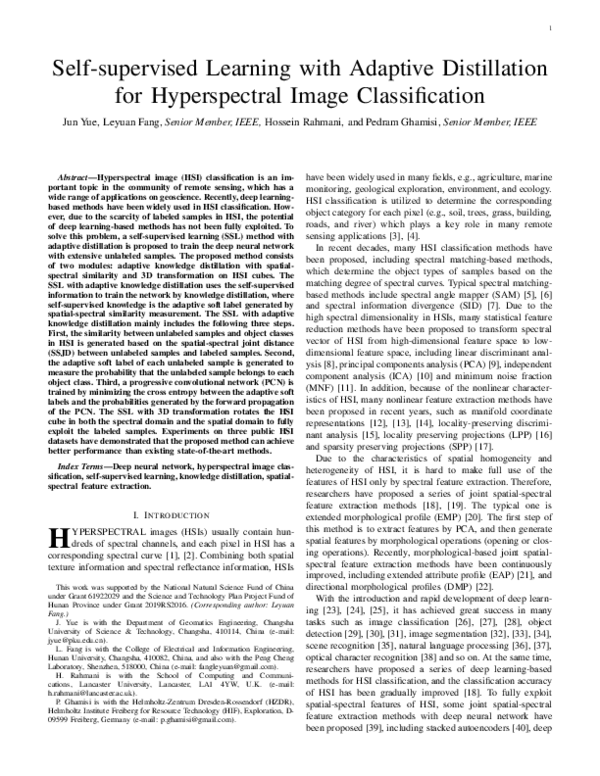 (PDF) Self-Supervised Learning With Adaptive Distillation for Hyperspectral Image Classification