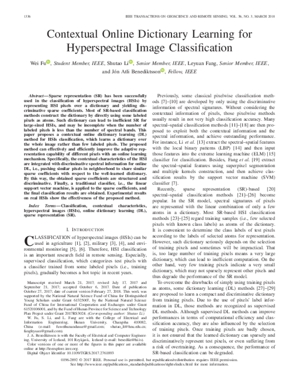 (PDF) Contextual Online Dictionary Learning for Hyperspectral Image Classification