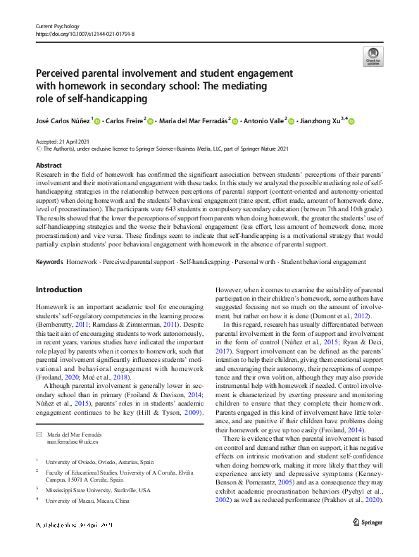 (PDF) Perceived parental involvement and student engagement with ...