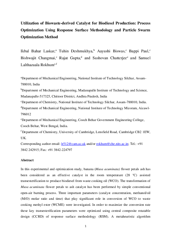 (PDF) Utilization of Biowaste-derived Catalyst for Biodiesel Production: Process Optimization ...