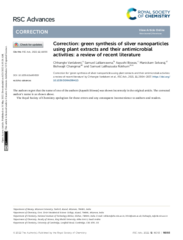 (PDF) Correction: green synthesis of silver nanoparticles using plant extracts and their ...
