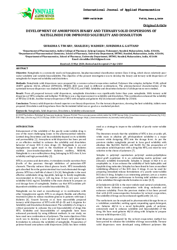 (PDF) DEVELOPMENT OF AMORPHOUS BINARY AND TERNARY SOLID DISPERSIONS OF NATEGLINIDE FOR IMPROVED ...