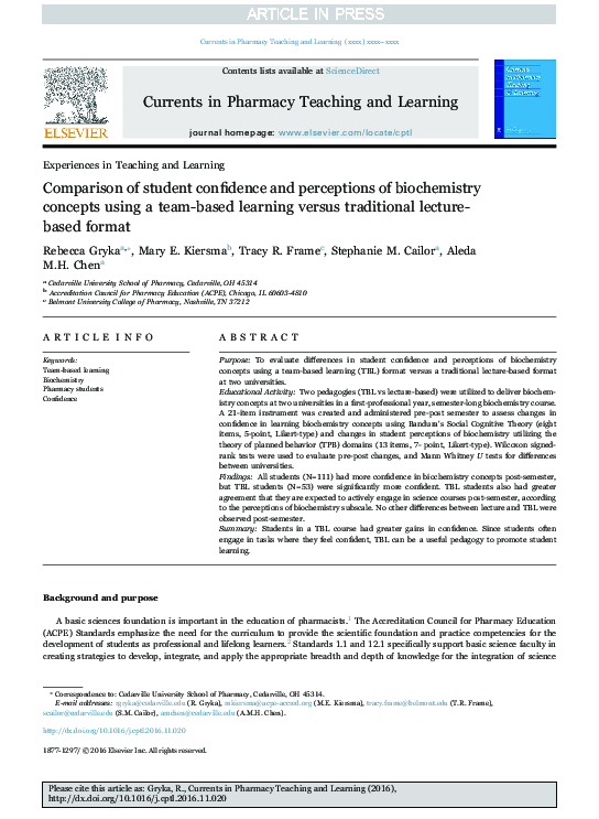 (PDF) Comparison of student confidence and perceptions of biochemistry concepts using a team ...