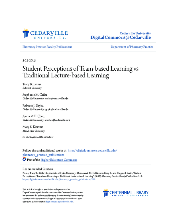 (PDF) Student Perceptions of Team-based Learning vs Traditional Lecture ...