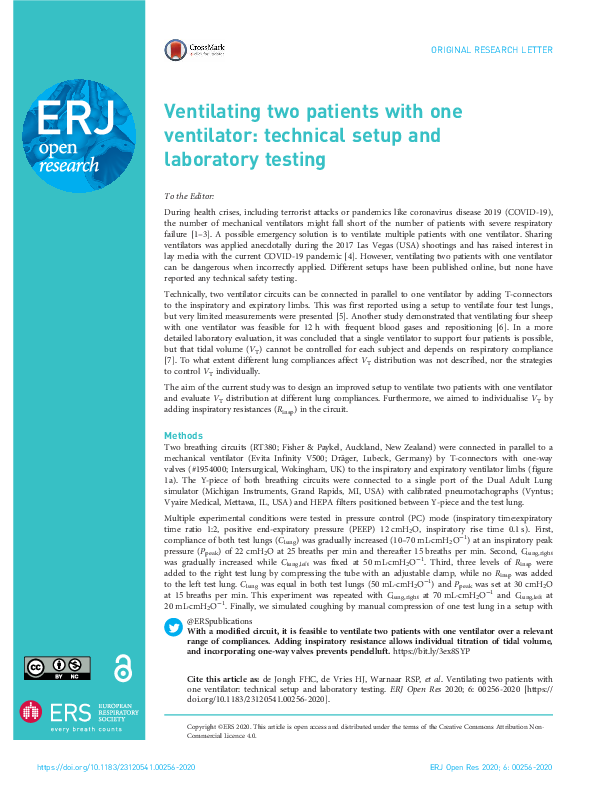 (PDF) Ventilating two patients with one ventilator: technical setup and ...