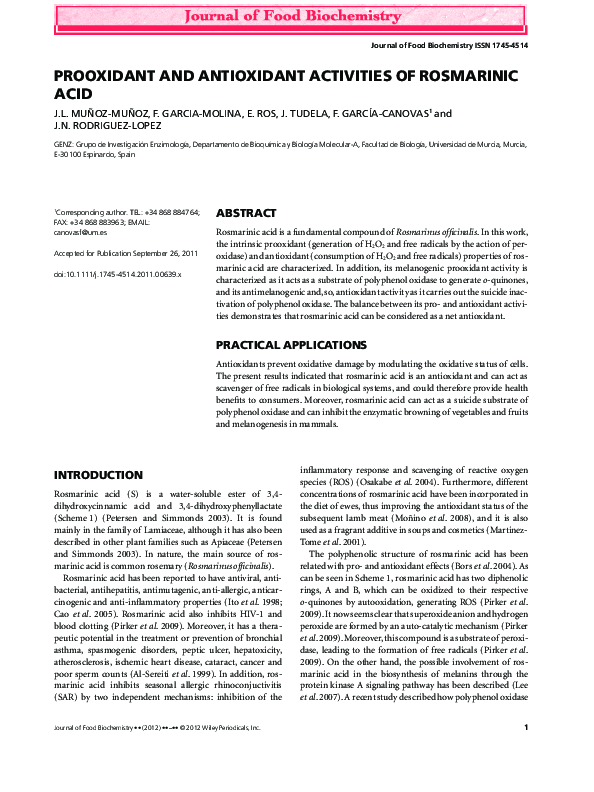 (PDF) Prooxidant and Antioxidant Activities of Rosmarinic Acid