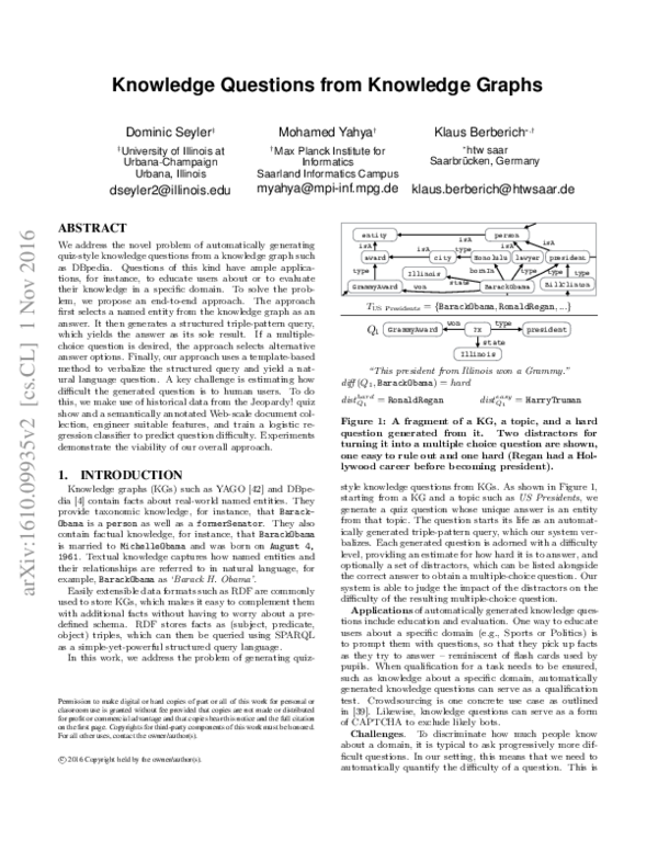(PDF) Knowledge Questions from Knowledge Graphs