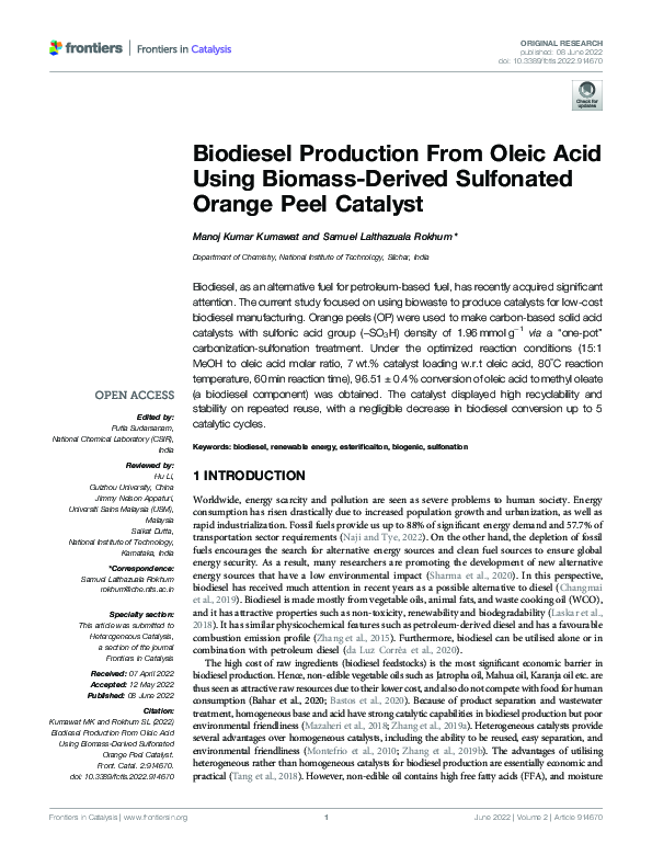 (PDF) Biodiesel Production From Oleic Acid Using Biomass-Derived Sulfonated Orange Peel Catalyst