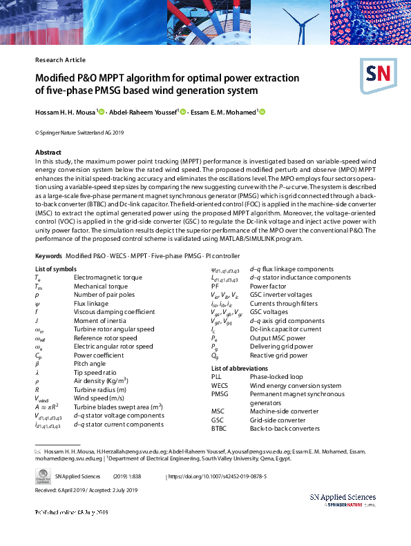 Pdf Modified Pando Mppt Algorithm For Optimal Power Extraction Of Five Phase Pmsg Based Wind