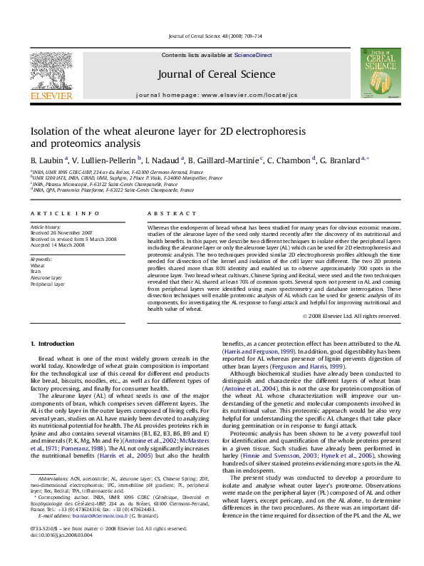 (PDF) Isolation of the wheat aleurone layer for 2D electrophoresis and ...