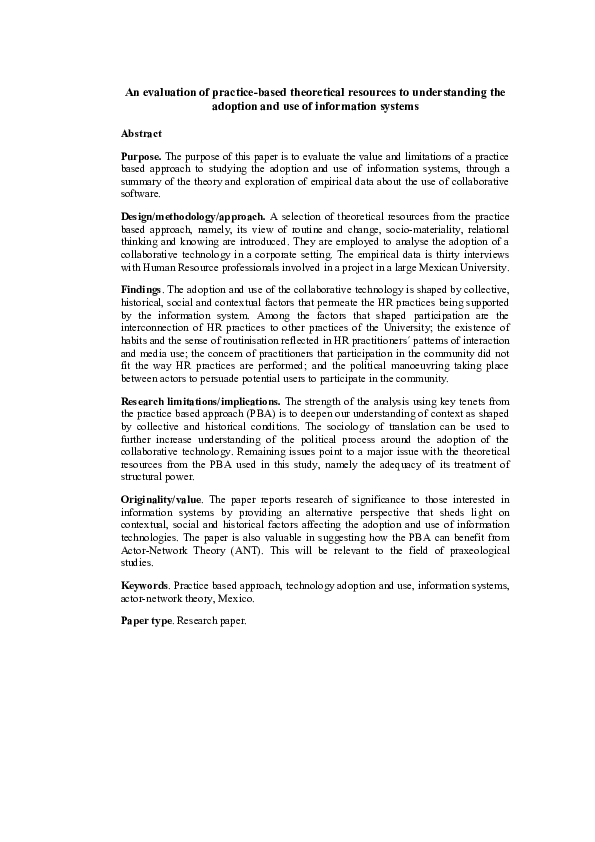 (DOC) An evaluation of the practice based approach to understanding the adoption and use of ...