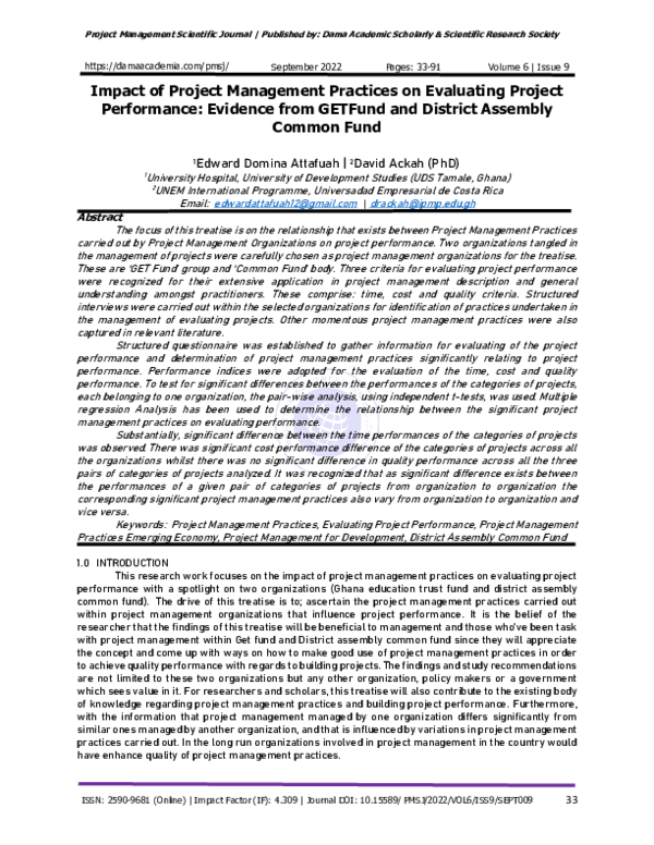 (PDF) Impact of Project Management Practices on Evaluating Project Performance: Evidence from ...