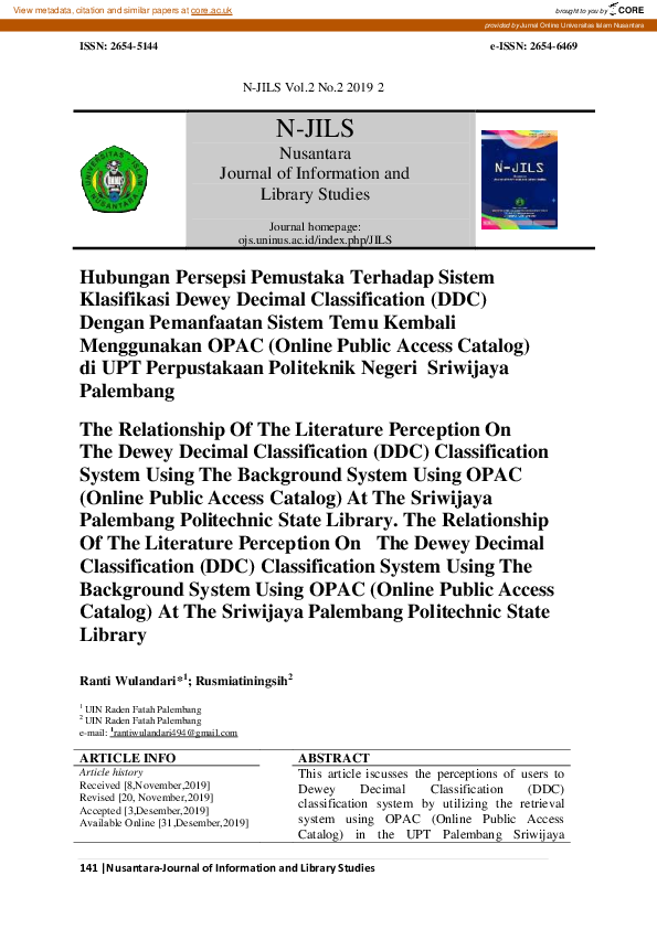 (PDF) Hubungan Persepsi Pemustaka Terhadap Sistem Klasifikasi Dewey ... (PDF) Hubungan Persepsi Pemustaka Terhadap Sistem Klasifikasi Dewey ...