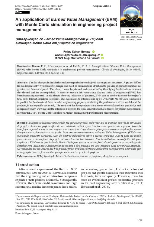 (PDF) An application of Earned Value Management (EVM) with Monte Carlo simulation in engineering ...