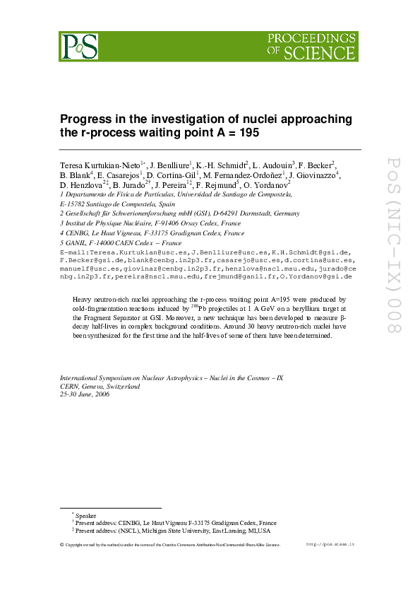 (PDF) Progress in nuclei approaching the r-process waiting point at A=195