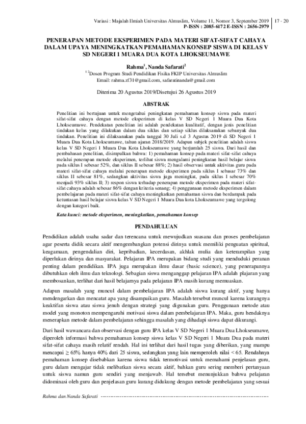 (PDF) Penerapan Metode Eksperimen Pada Materi Sifat-Sifat Cahaya Dalam Upaya Meningkatkan ...