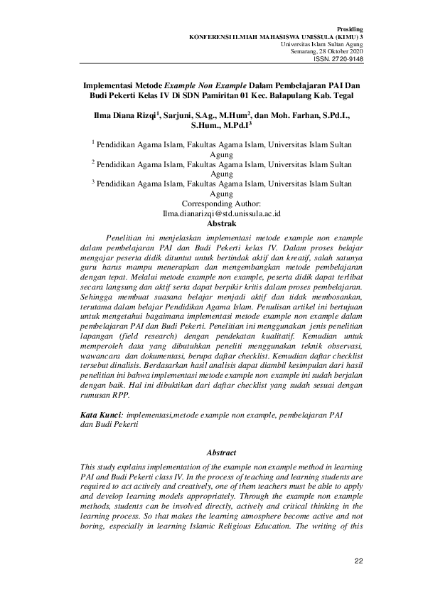 (PDF) Implementasi Metode Example Non Example Dalam Pembelajaran PAI Dan Budi Pekerti Kelas IV ...