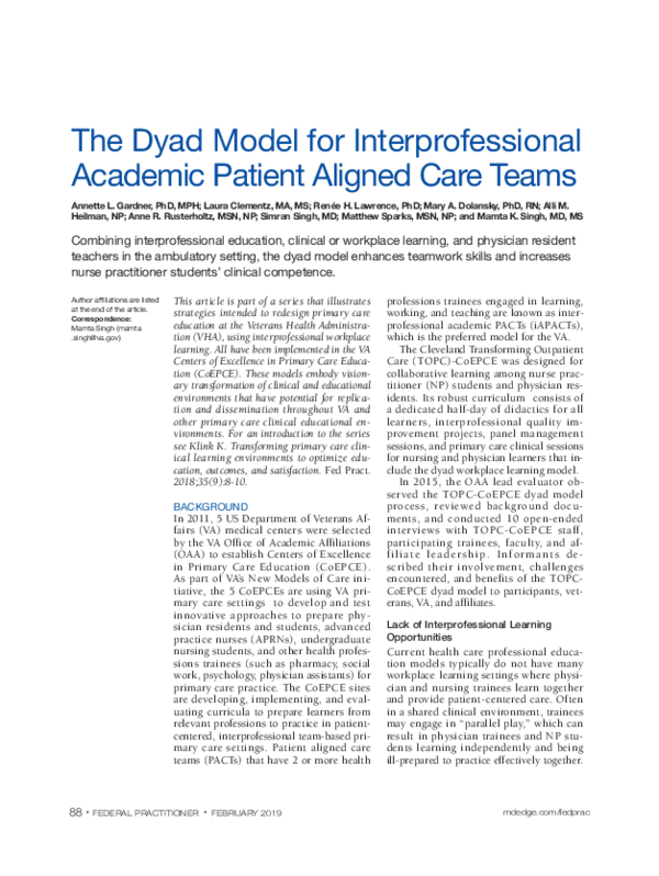 (PDF) The Dyad Model for Interprofessional Academic Patient Aligned ...